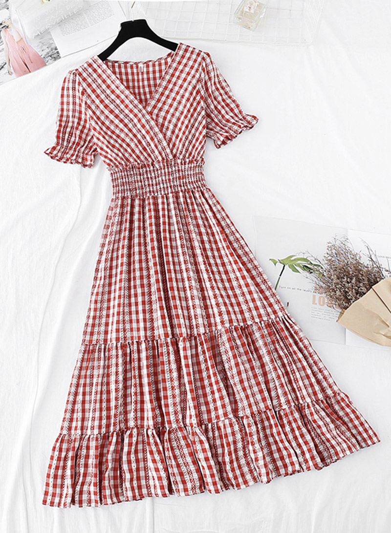 A Line V Neck Plaid Dress Women's Dress on Luulla