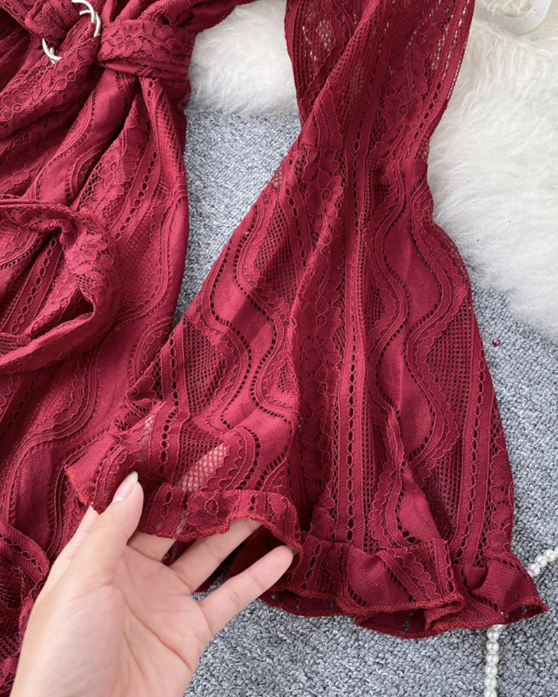 Long Sleeve Lace Short Jumpsuit V Neck Jumpsuit on Luulla