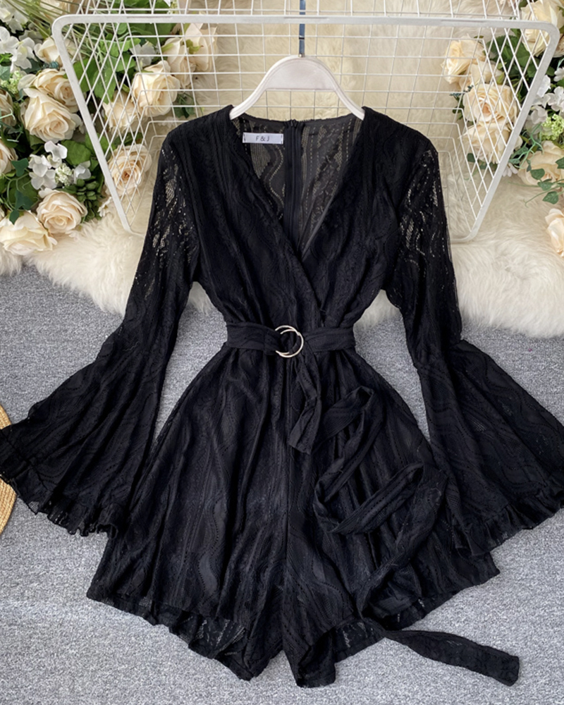 Long Sleeve Lace Short Jumpsuit V Neck Jumpsuit on Luulla