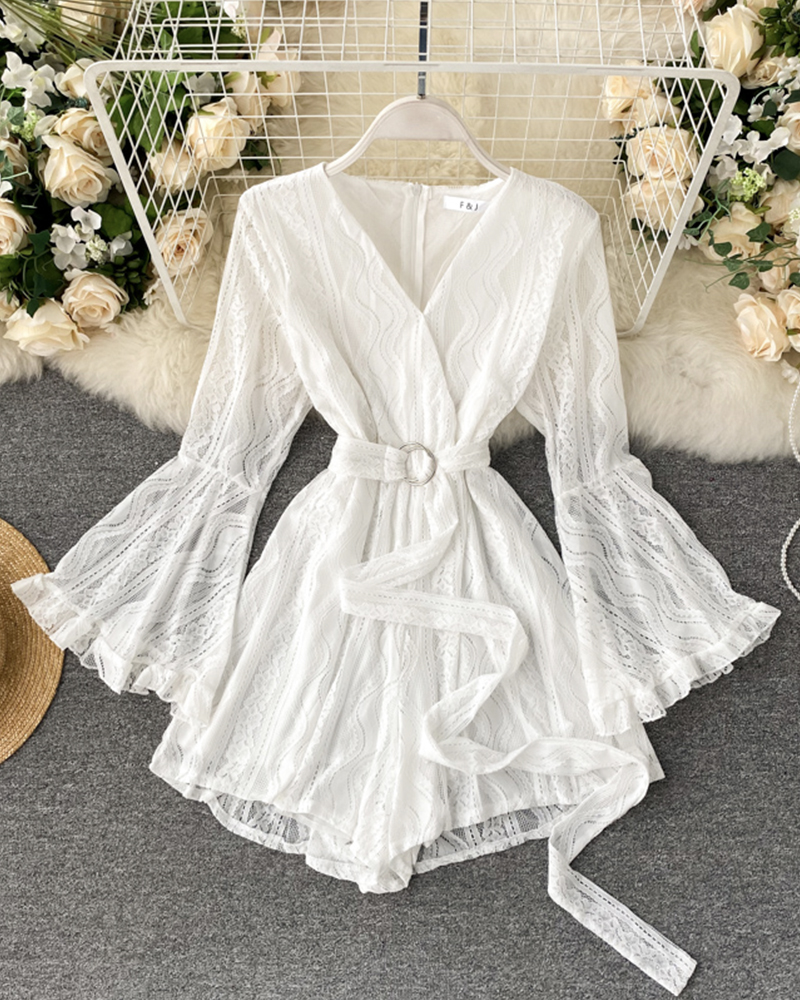 Long Sleeve Lace Short Jumpsuit V Neck Jumpsuit on Luulla