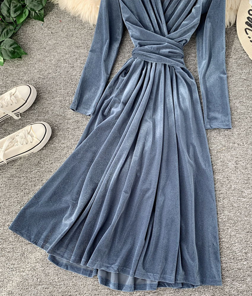 Elegant V Neck Velvet Dress Long Sleeve Dress on Luulla