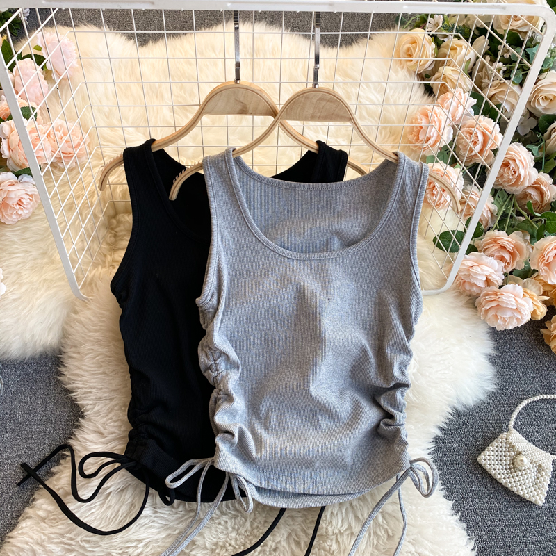 Simple Round Neck Tops Side Drawstring Top on Luulla
