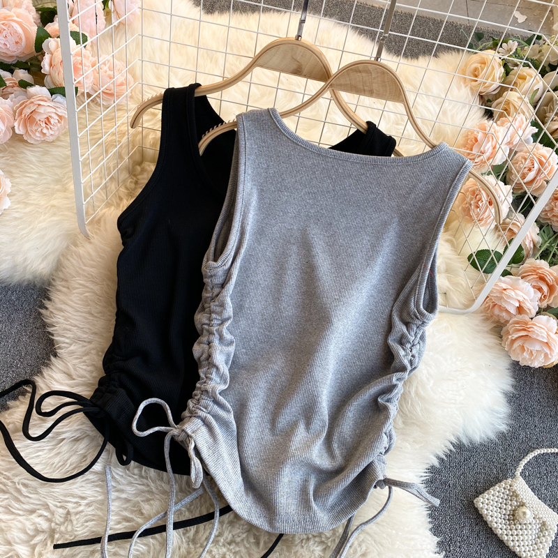 Simple Round Neck Tops Side Drawstring Top on Luulla