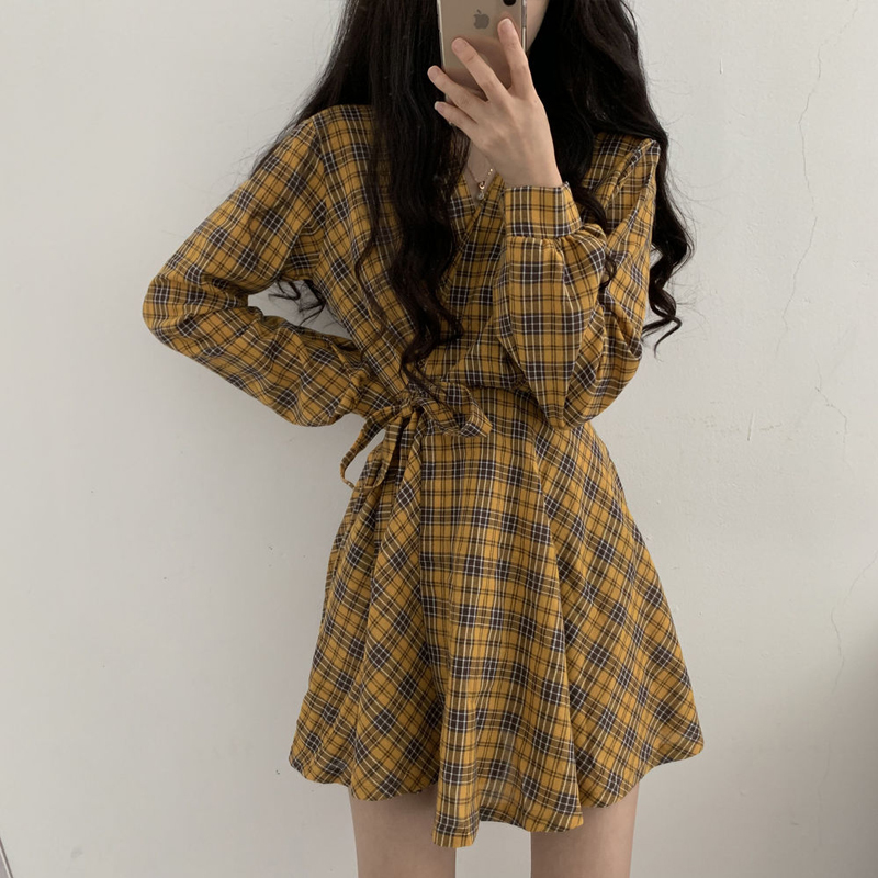 Cute V Neck Long Sleev Plaid Dress Fashion Dress on Luulla