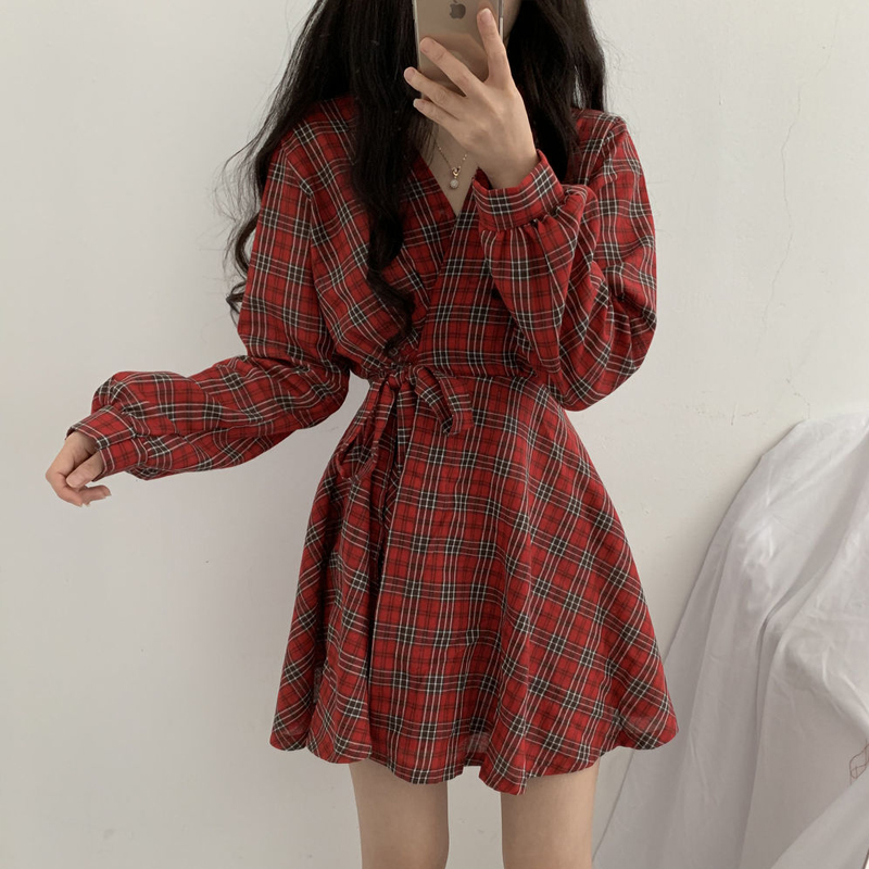 Cute V Neck Long Sleev Plaid Dress Fashion Dress on Luulla