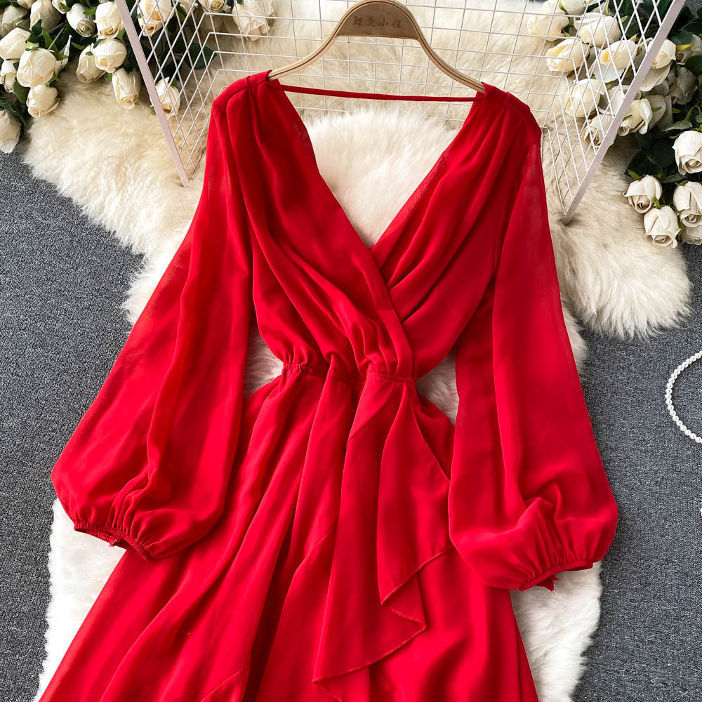 Red V Neck Chiffon Long Sleeve Dress A Line Fashion Dress on Luulla
