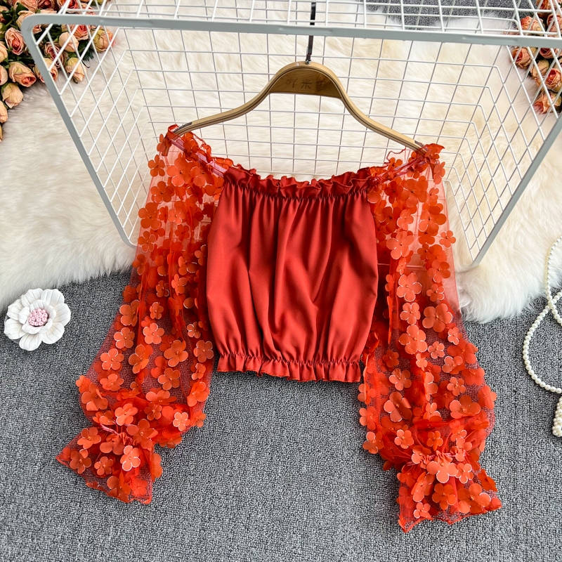 Cute Chiffon Flower Long Sleeve Top Crop Tops on Luulla