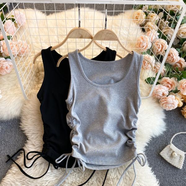 Simple Round Neck Tops Side Drawstring Top on Luulla