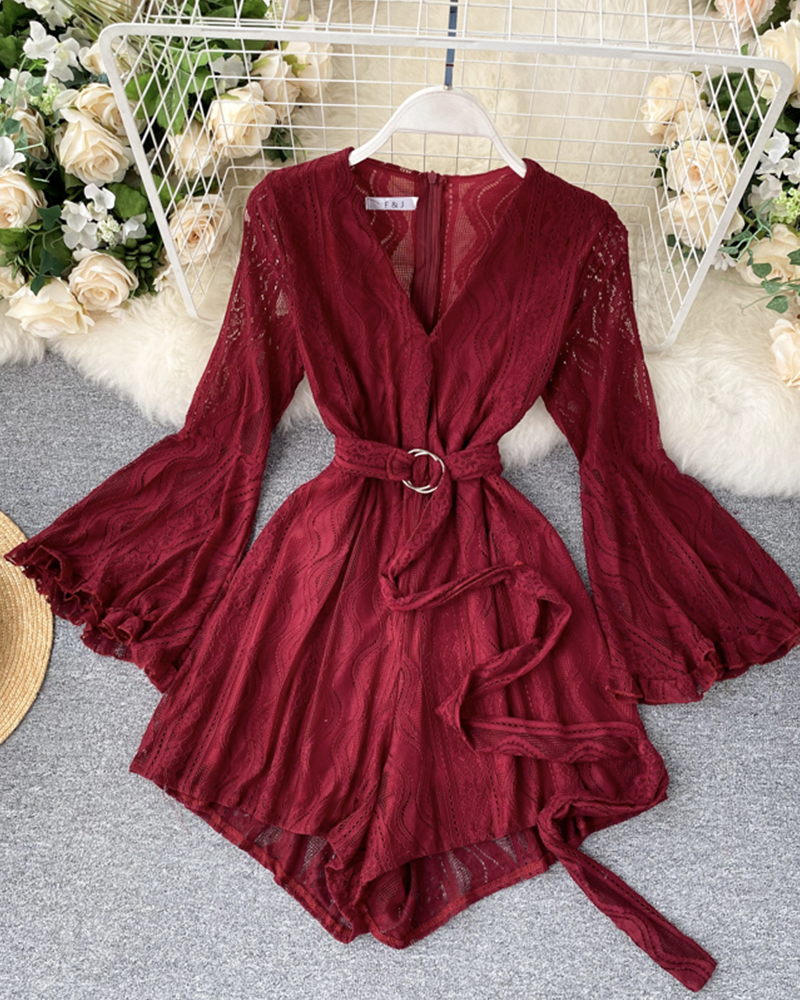 Long Sleeve Lace Short Jumpsuit V Neck Jumpsuit on Luulla