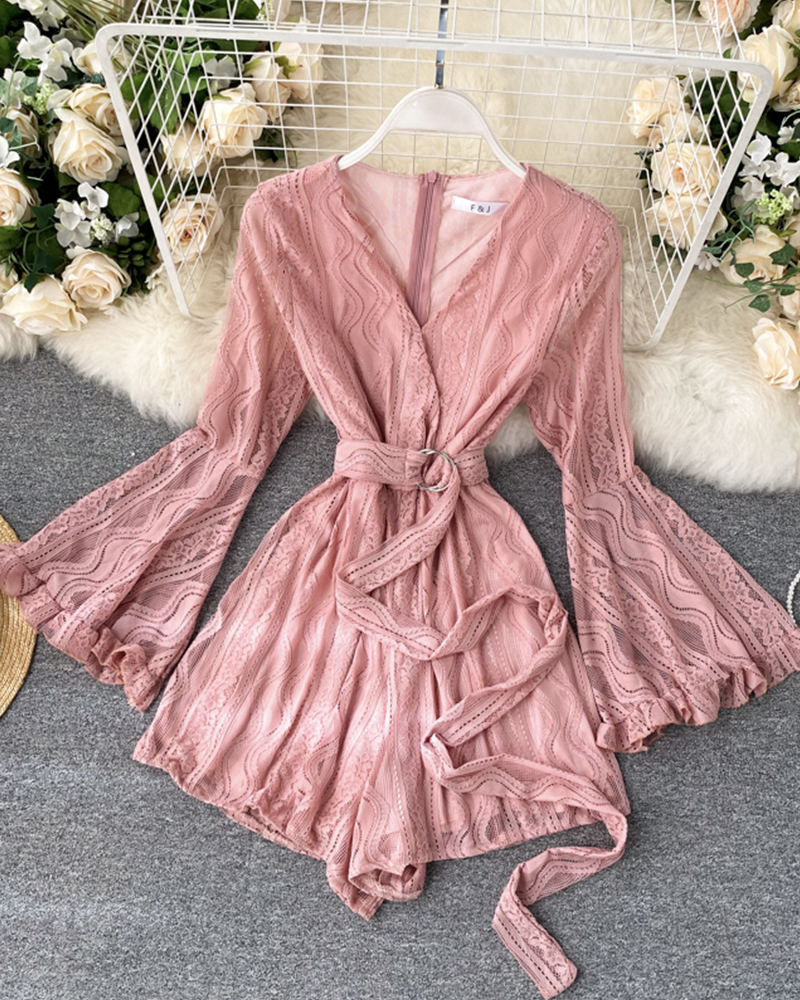Long Sleeve Lace Short Jumpsuit V Neck Jumpsuit on Luulla