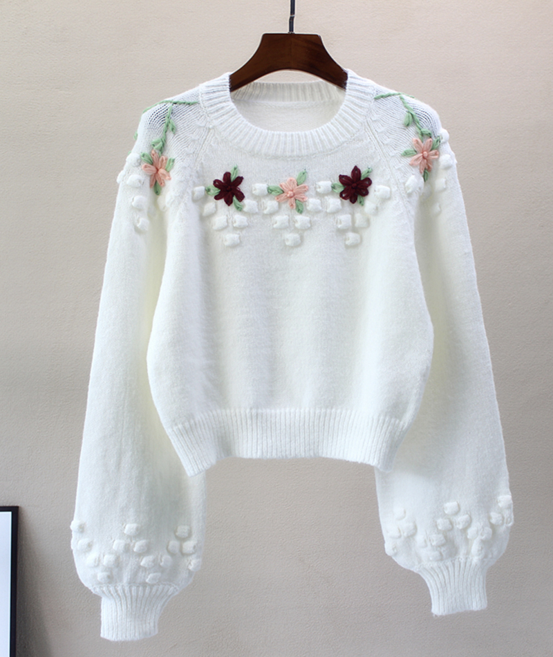 Sweet White Flowers Long Sleeve Sweater on Luulla