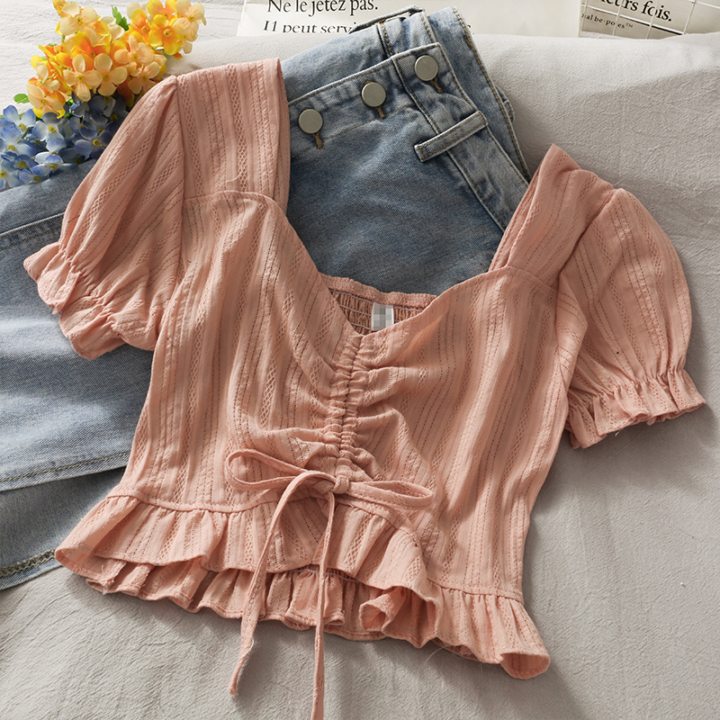 Simple Drawstring Short Sleeve Crop Top on Luulla