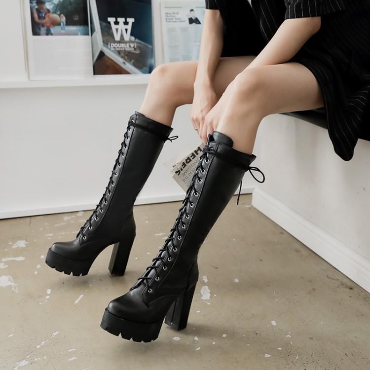 Fashionable Thick Heel Lace-up High Heel Boots on Luulla
