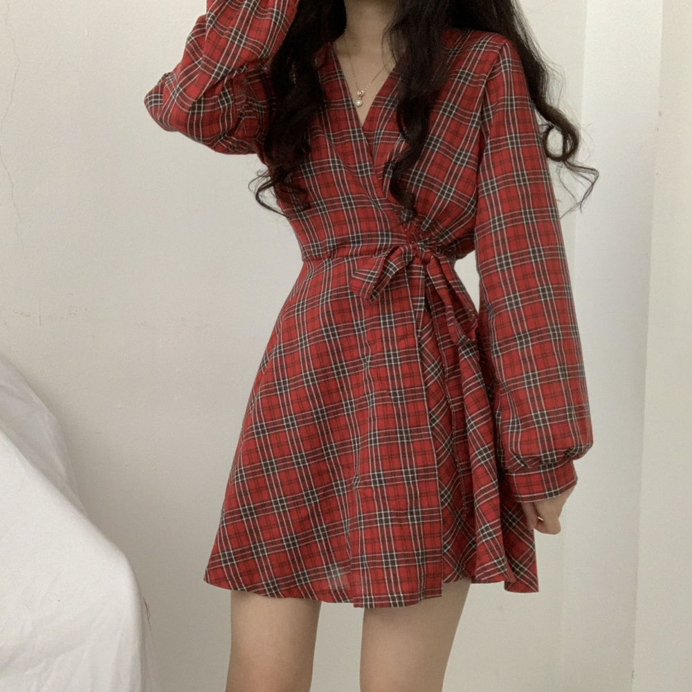 Cute V Neck Long Sleev Plaid Dress Fashion Dress on Luulla