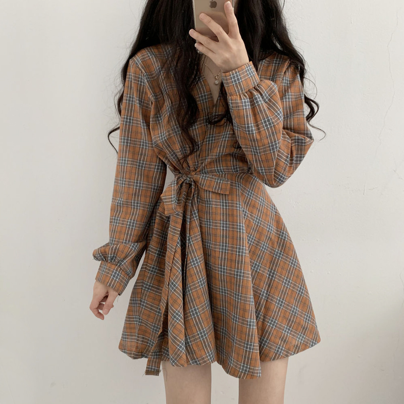 Cute V Neck Long Sleev Plaid Dress Fashion Dress on Luulla