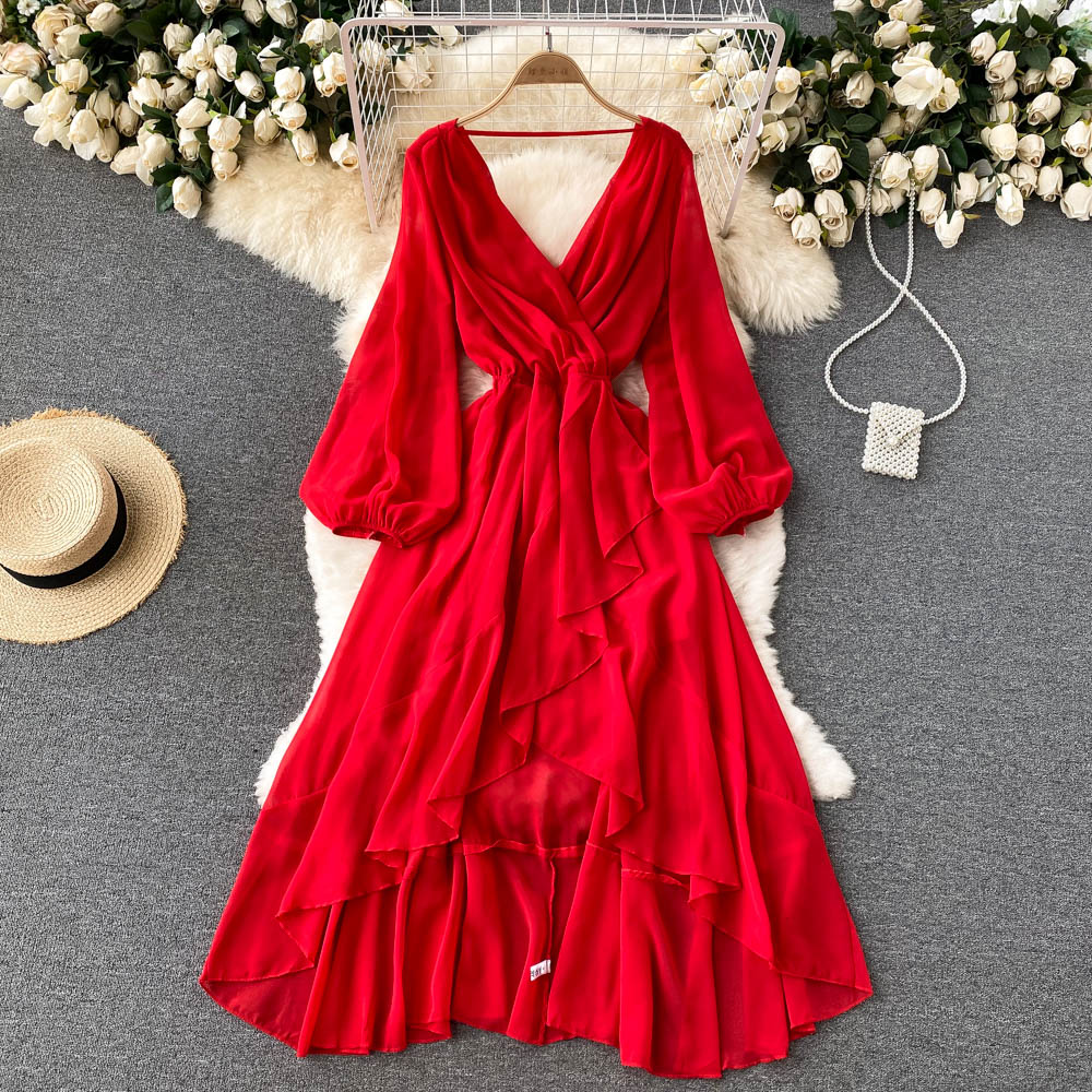Red V Neck Chiffon Long Sleeve Dress A Line Fashion Dress on Luulla