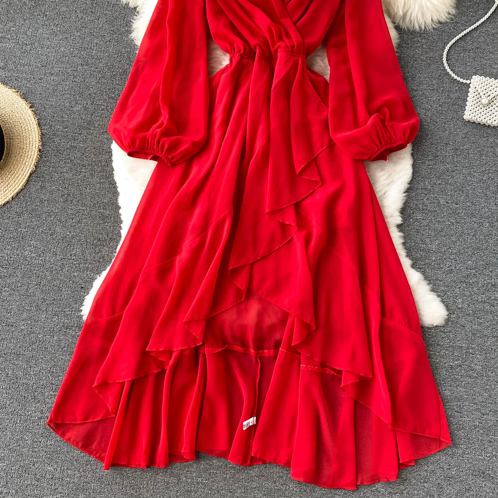 Red V Neck Chiffon Long Sleeve Dress A Line Fashion Dress on Luulla