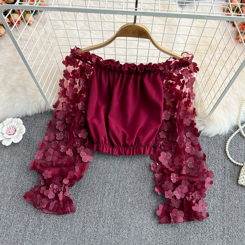 Cute Chiffon Flower Long Sleeve Top Crop Tops on Luulla